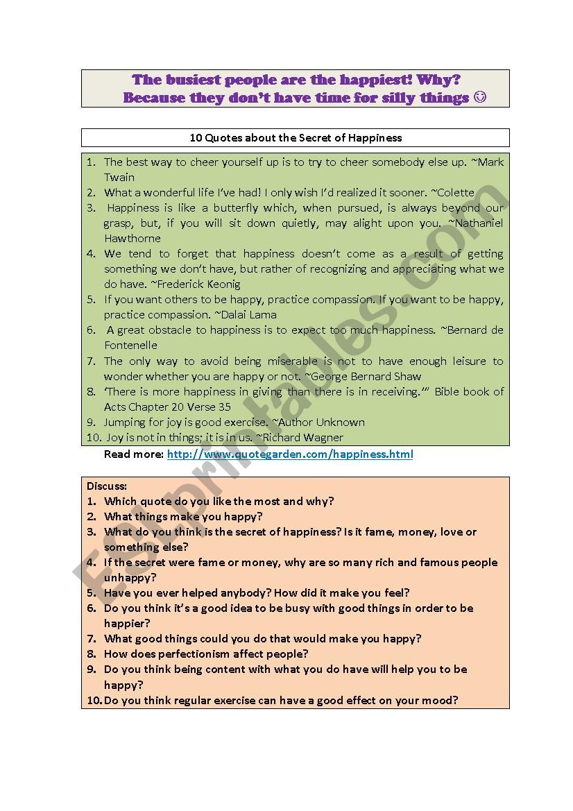 LET´S TALK - What is the secret of happiness? - ESL worksheet by anitaberry