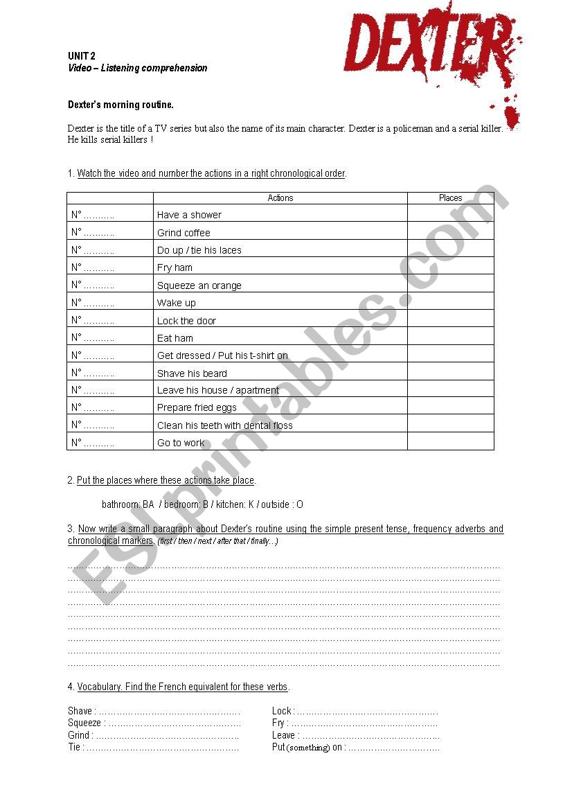 Dexter ´s daily routine - ESL worksheet by calapitchounette