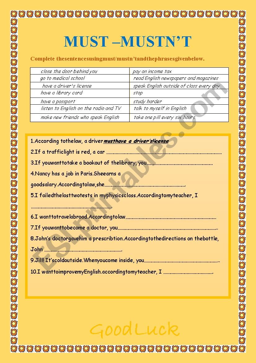 Must - Mustn´t - ESL worksheet by SoLuna