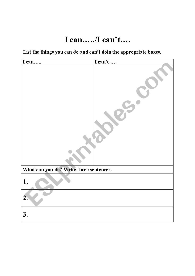 Work sheet for ´I can/I can´t´ Lesson - ESL worksheet by shayden1