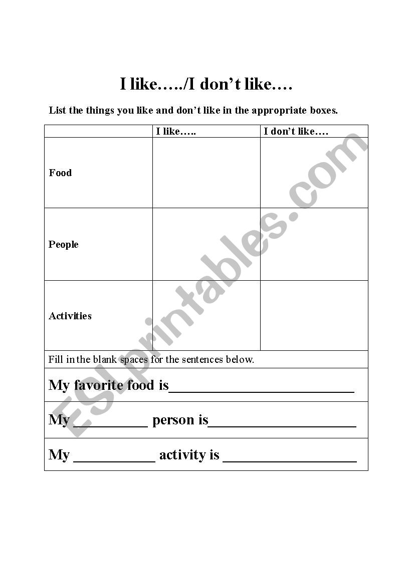 I like, I don´t like, worksheet - ESL worksheet by shayden1