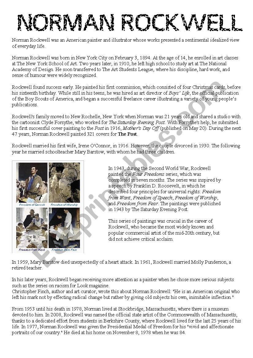 Norman Rockwell´s biography - ESL worksheet by mgillet1