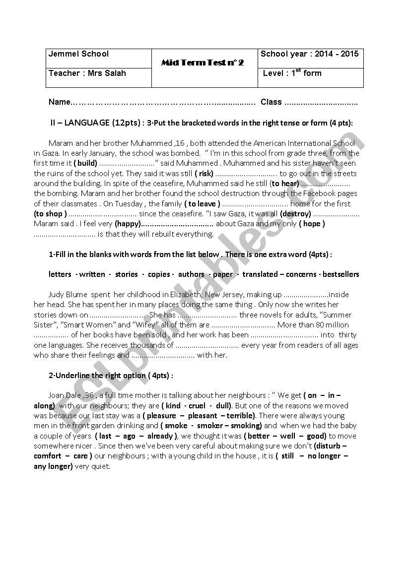 mid term test n°2 for the 1st form - ESL worksheet by roufa