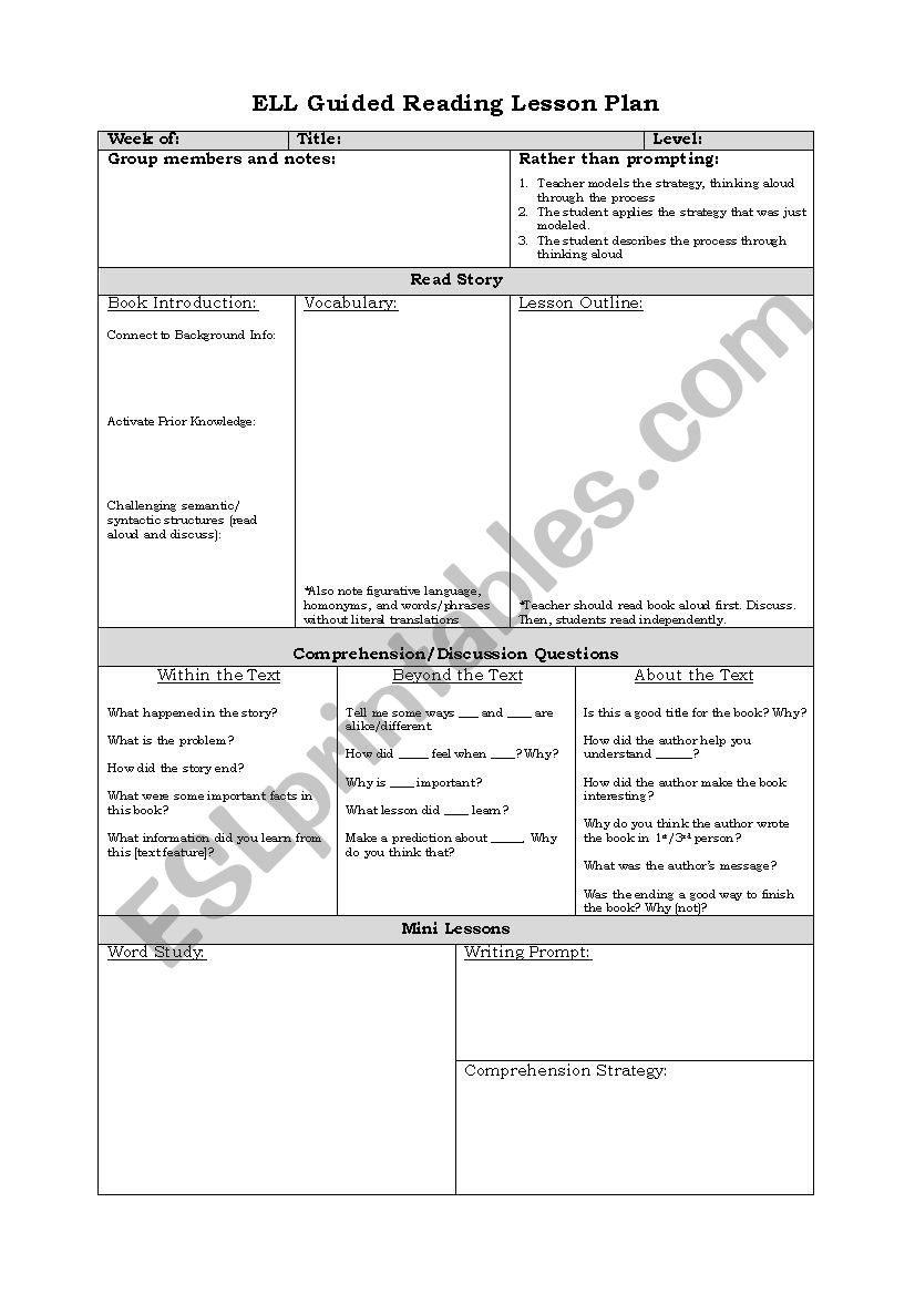 ELL Guided Reading Lesson Plan Template ESL Worksheet By Ashs613