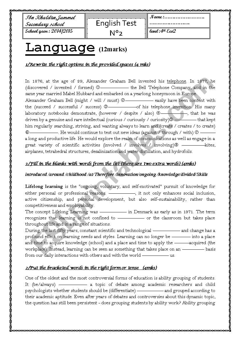 Ordinary english test n°2 - ESL worksheet by ladyrosa