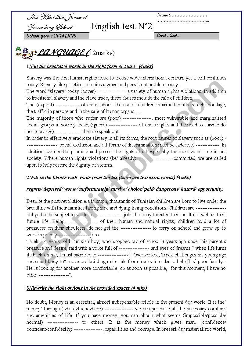 Ordinary english test n°2 - ESL worksheet by ladyrosa