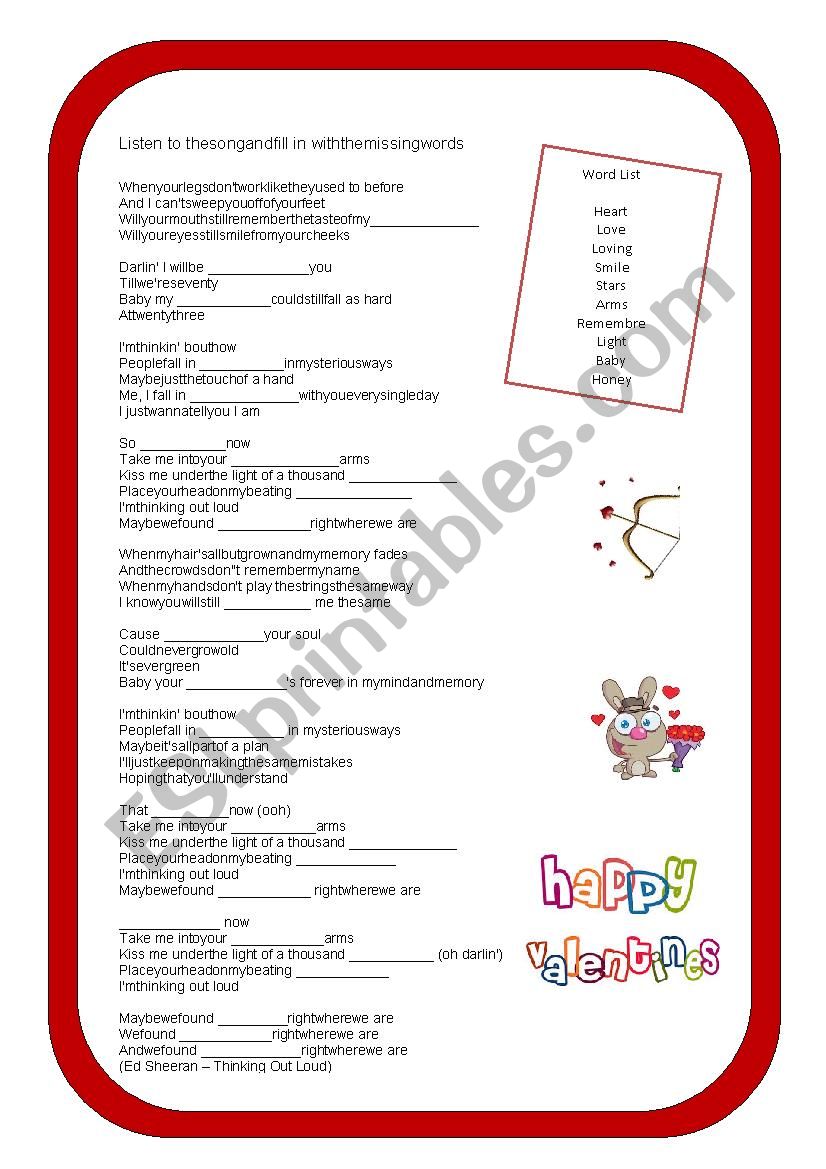 Thinking Out Loud - Valentines´ Song - ESL worksheet by scunharodrigues