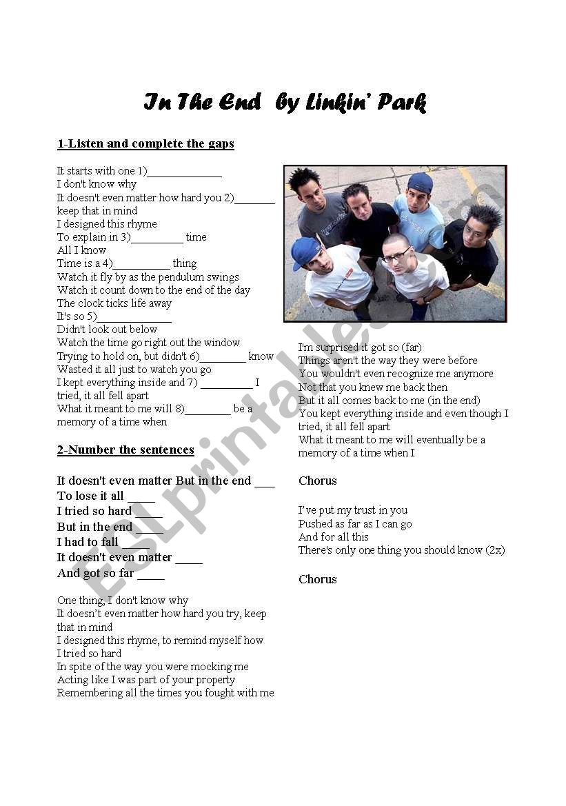 In the End by Linkin´ Park - ESL worksheet by Miss Gaby