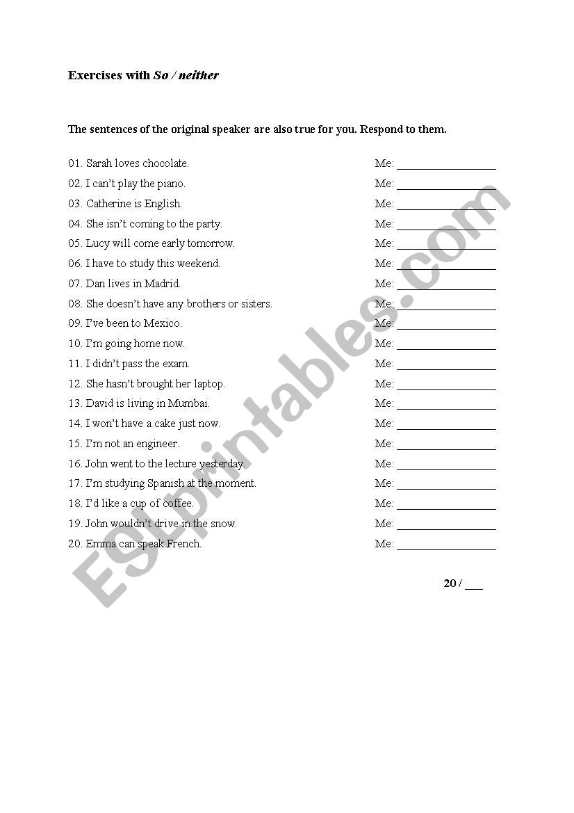 Exercises with ´So´ and ´Neither´ - ESL worksheet by pappzoltan1