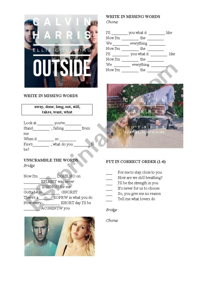 CALVIN HARRIS feat. ELLIE GOULDING ´OUTSIDE´ - ESL worksheet by pawag