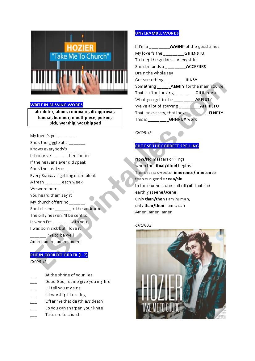 HOZIER´ TAKE ME TO CHURCH´ - ESL worksheet by pawag