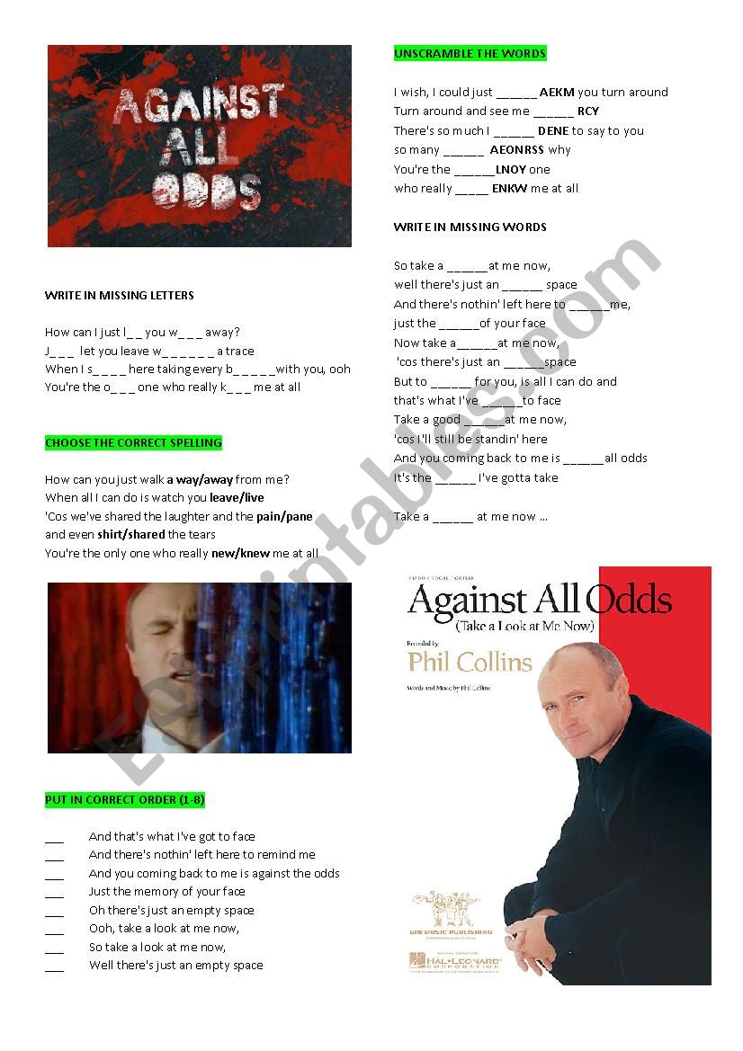 Phil Collins ´Against all odds´ - ESL worksheet by pawag