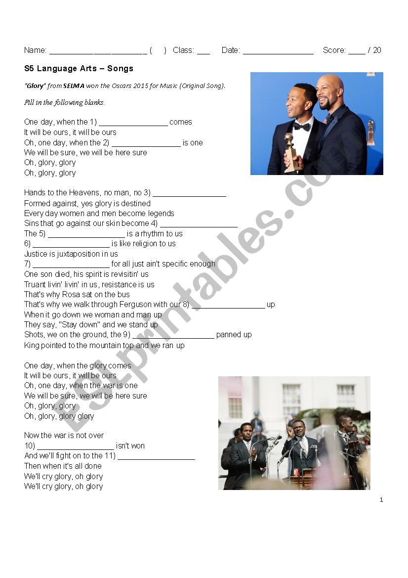 ´Glory´ won the Oscars 2015 for Music (Original Song). - ESL worksheet ...