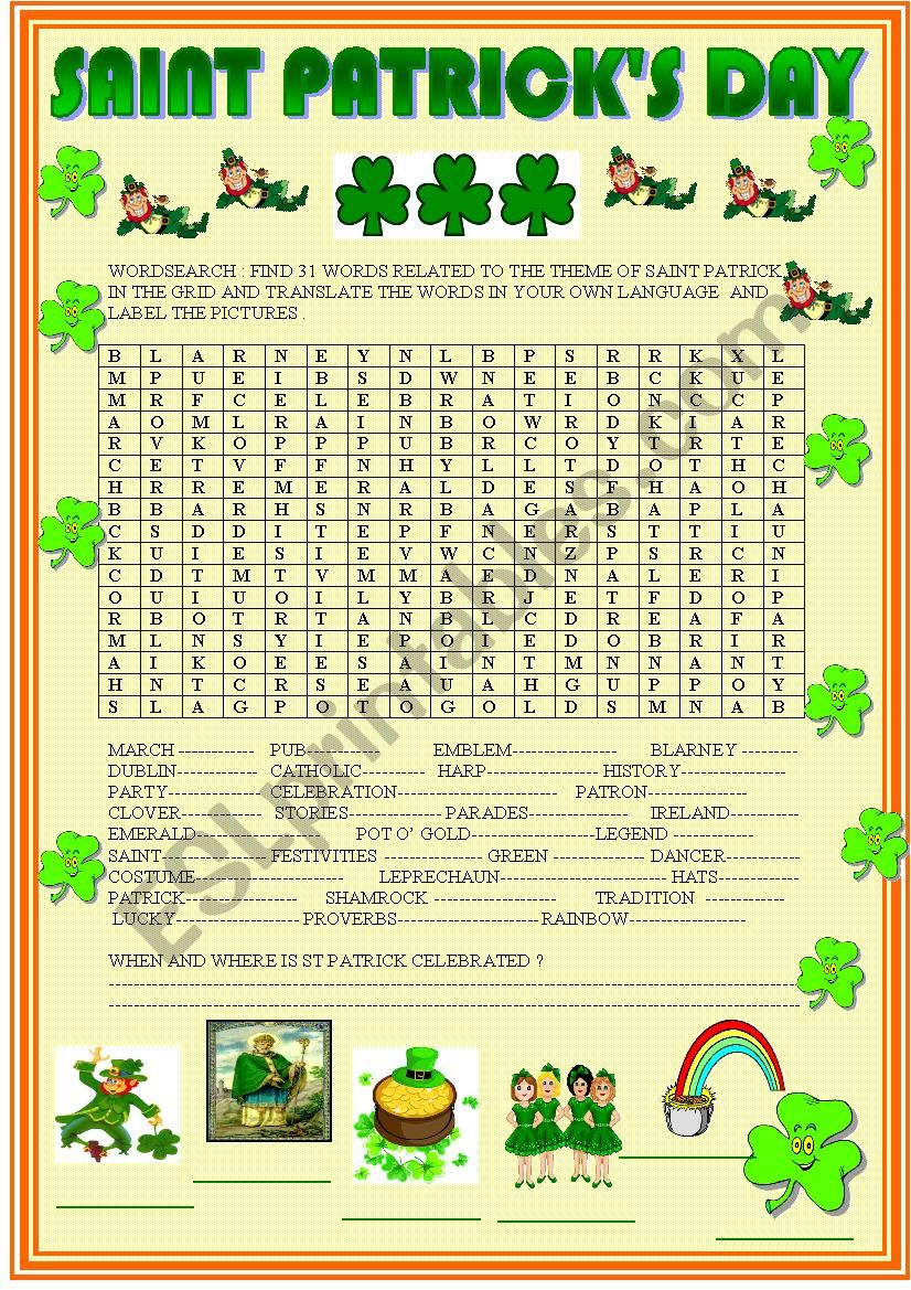 Saint patrick´s day : wordsearch - ESL worksheet by spied-d-aignel