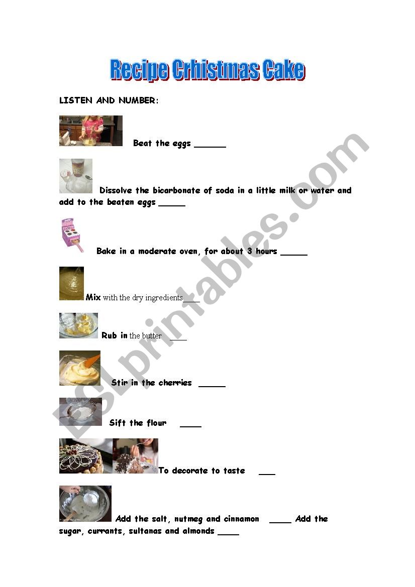 Listen and number. How to make a Christmas cake. - ESL worksheet by ...