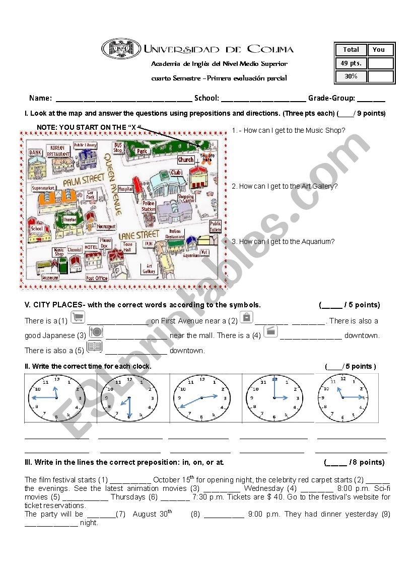 Test on directions time telling and ordinal numbers - ESL worksheet by ...