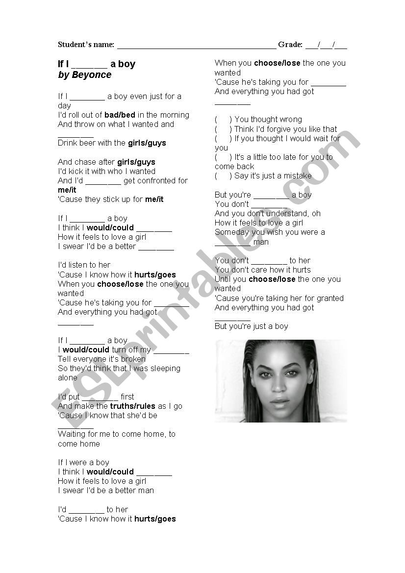 Activity with Beyonce´s song - ESL worksheet by Gabrielapiccin