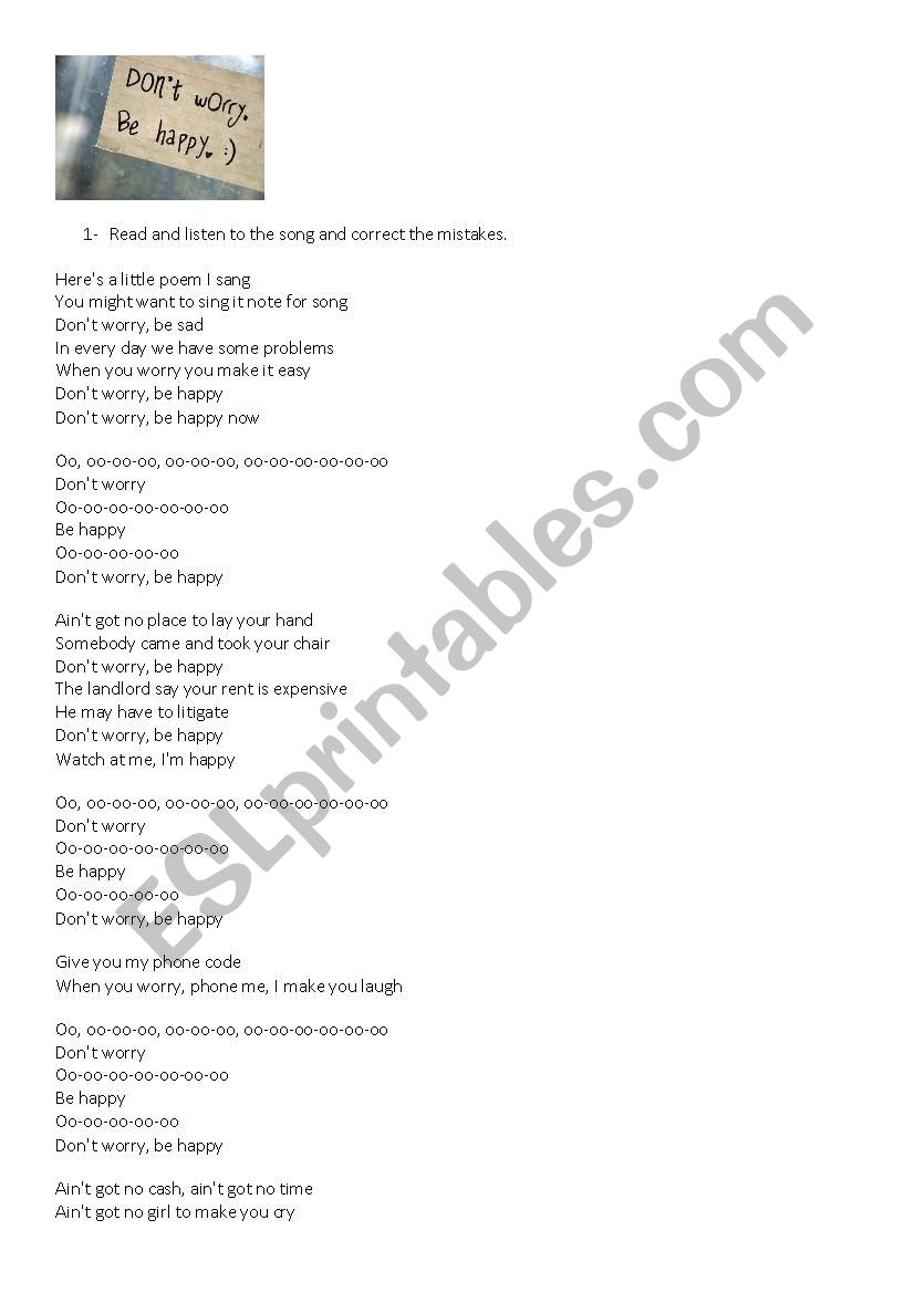 Don´t worry be happy - ESL worksheet by federicaprieto