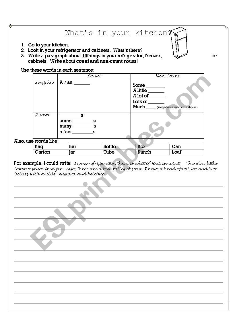Count/Non-Count Nouns: What´s in Your Kitchen? - ESL worksheet by taskbased