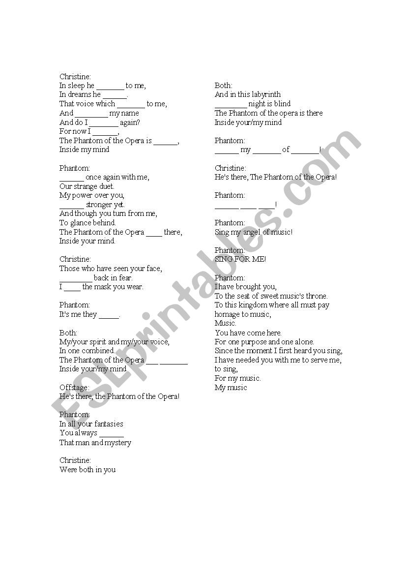 Complete the gaps - Phantom of the Opera - ESL worksheet by RachFont