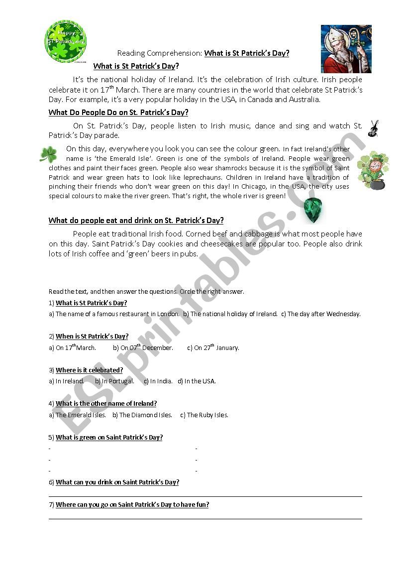Saint patrick´s day reading comprehension - ESL worksheet by aelenia