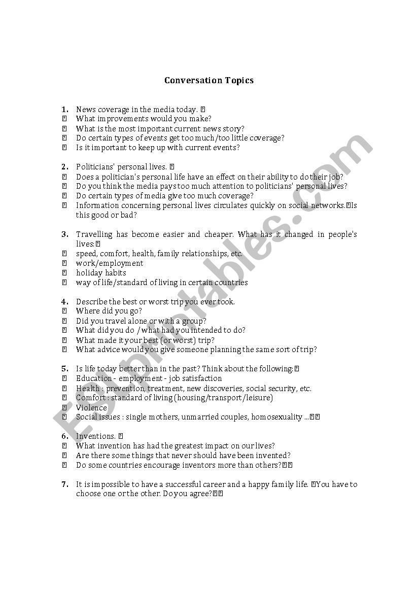 Conversation Topics For Advanced Students ESL Worksheet By Scasal