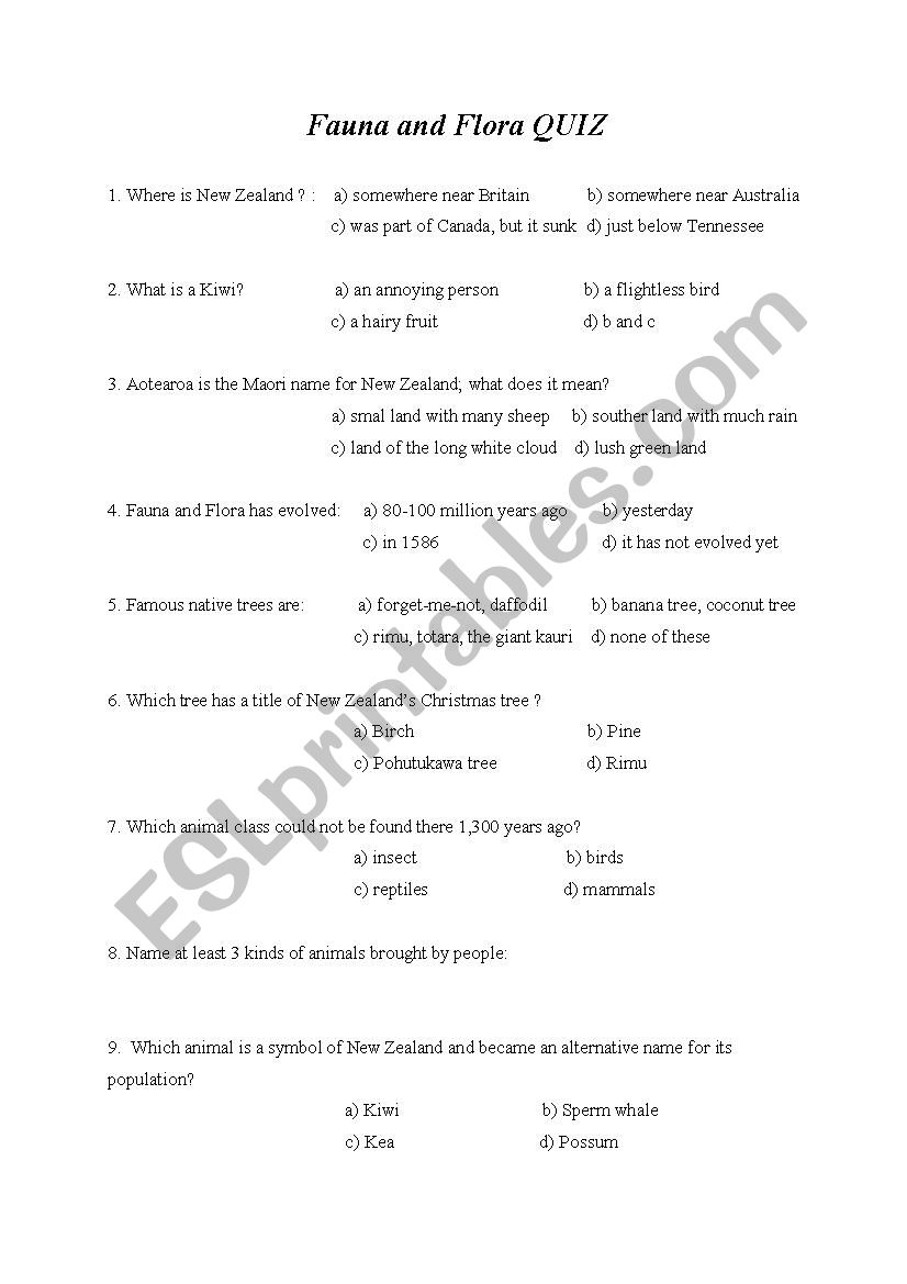 New Zealand´s flora and fauna QUIZ - ESL worksheet by Drombik