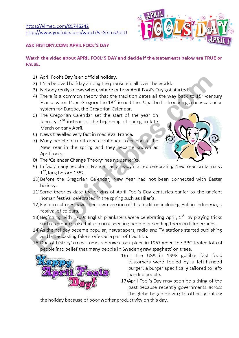 ASK HISTORY.COM: APRIL FOOL’S DAY - ESL worksheet by snowdrop1981