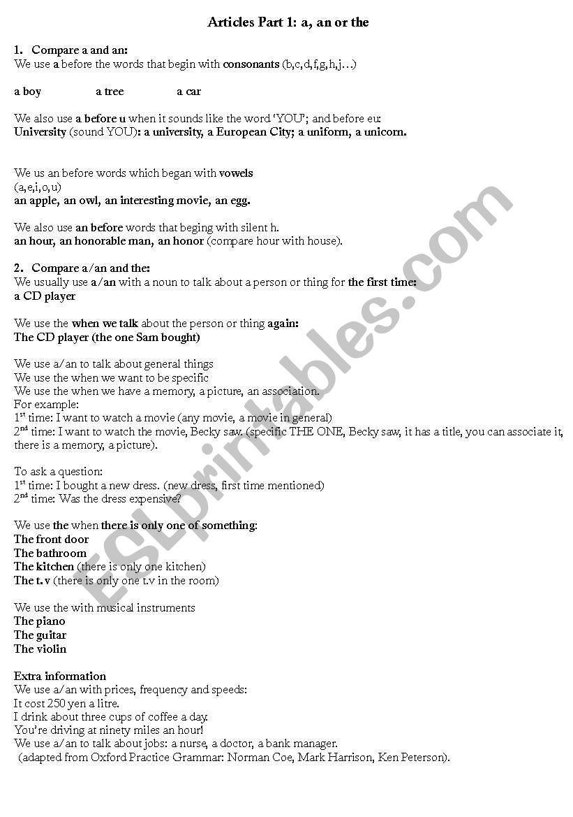 A, An, The ´Article Basics - ESL worksheet by elsatakaoka