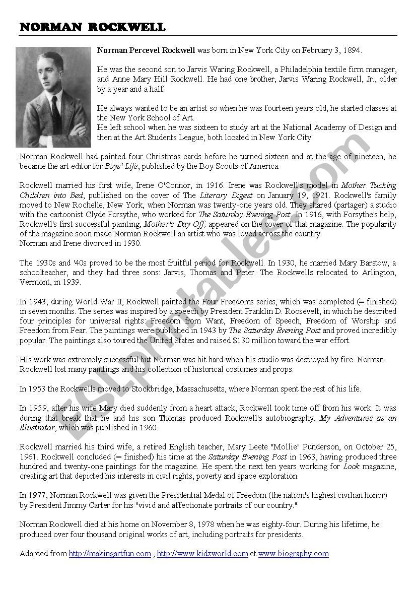 Norman Rockwell´s biography - ESL worksheet by vero59