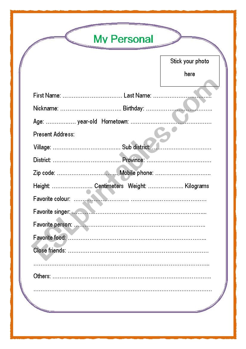 Personal Profile ESL Worksheet By Dreamywi