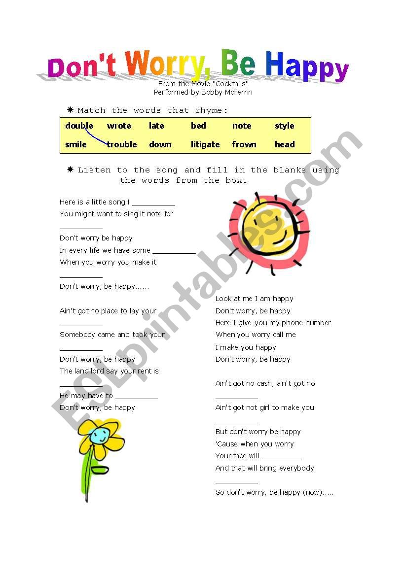 Song: Don´t Worry, Be Happy - ESL worksheet by PurpleFlower