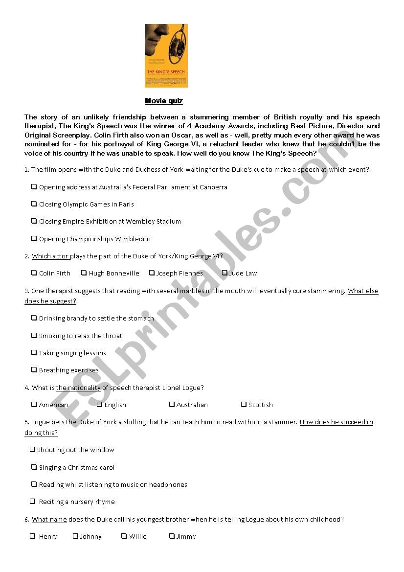The KingÂ´s speech movie quiz - ESL worksheet by vinou76