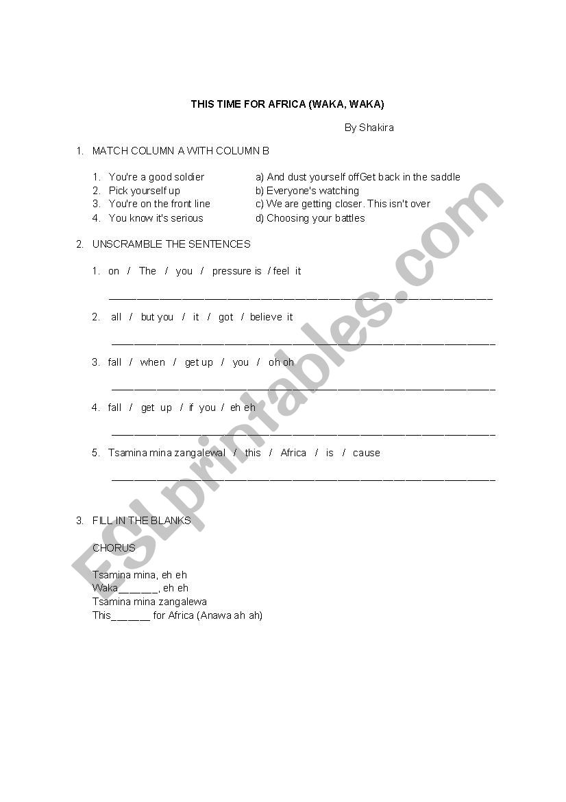 This time for Africa (waka - waka) - ESL worksheet by manoloalejo