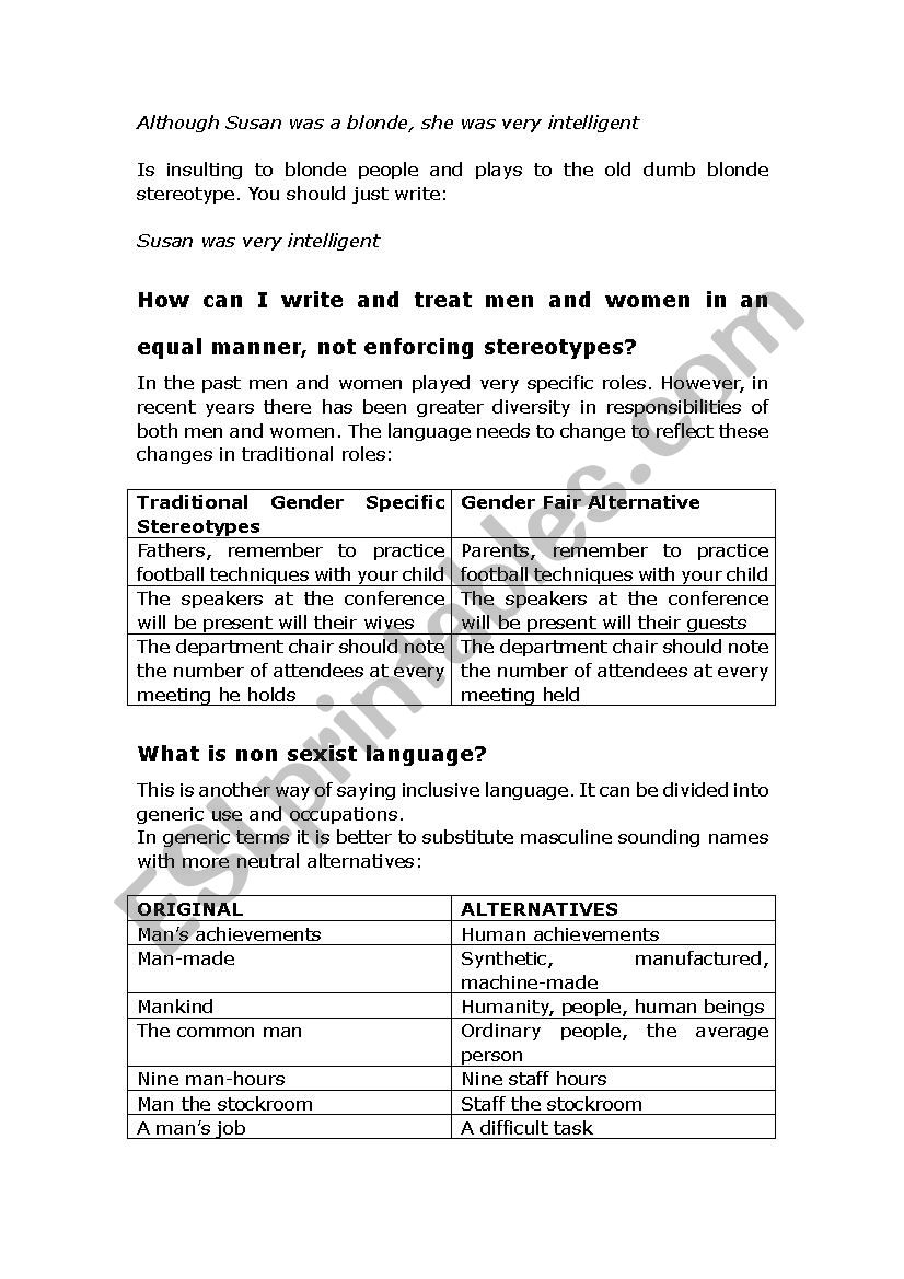 inclusive language worksheet