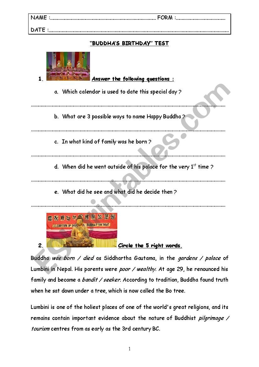 Special Days test step 29 - Buddha´s Birthday - ESL worksheet by maryse ...