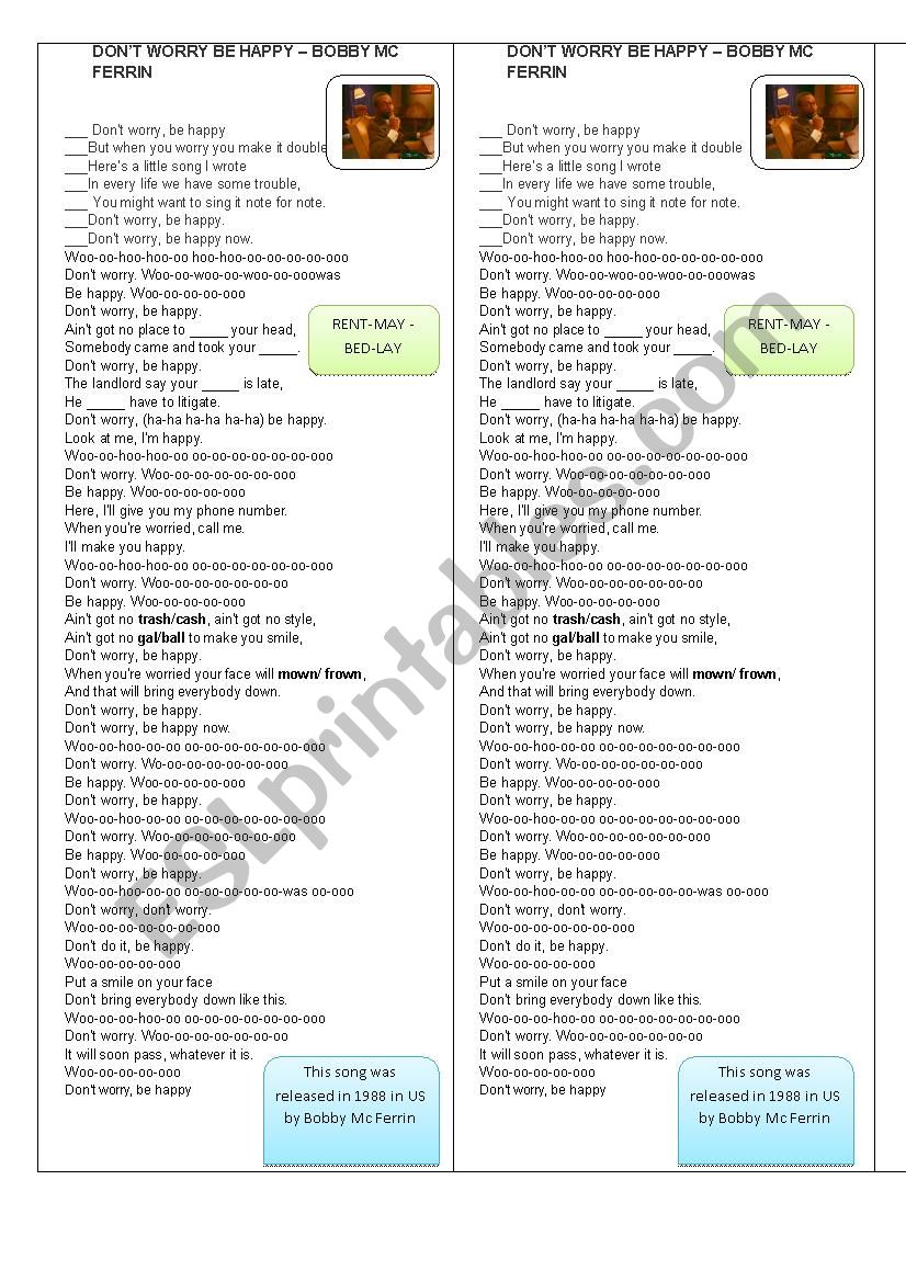 Song Don´t worry be happy - ESL worksheet by roneibaga