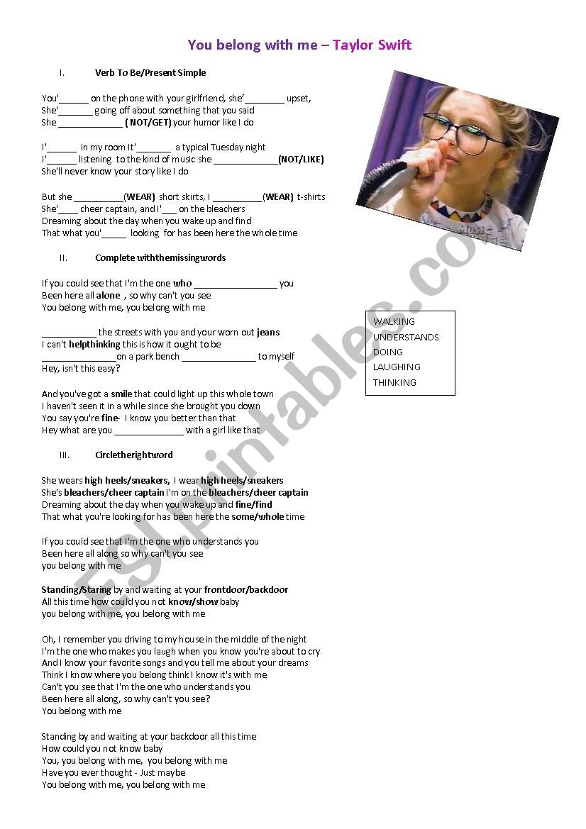 TAYLOR SWIFT´S SONG "YOU BELONG WITH ME" - ESL worksheet by elis.modesto