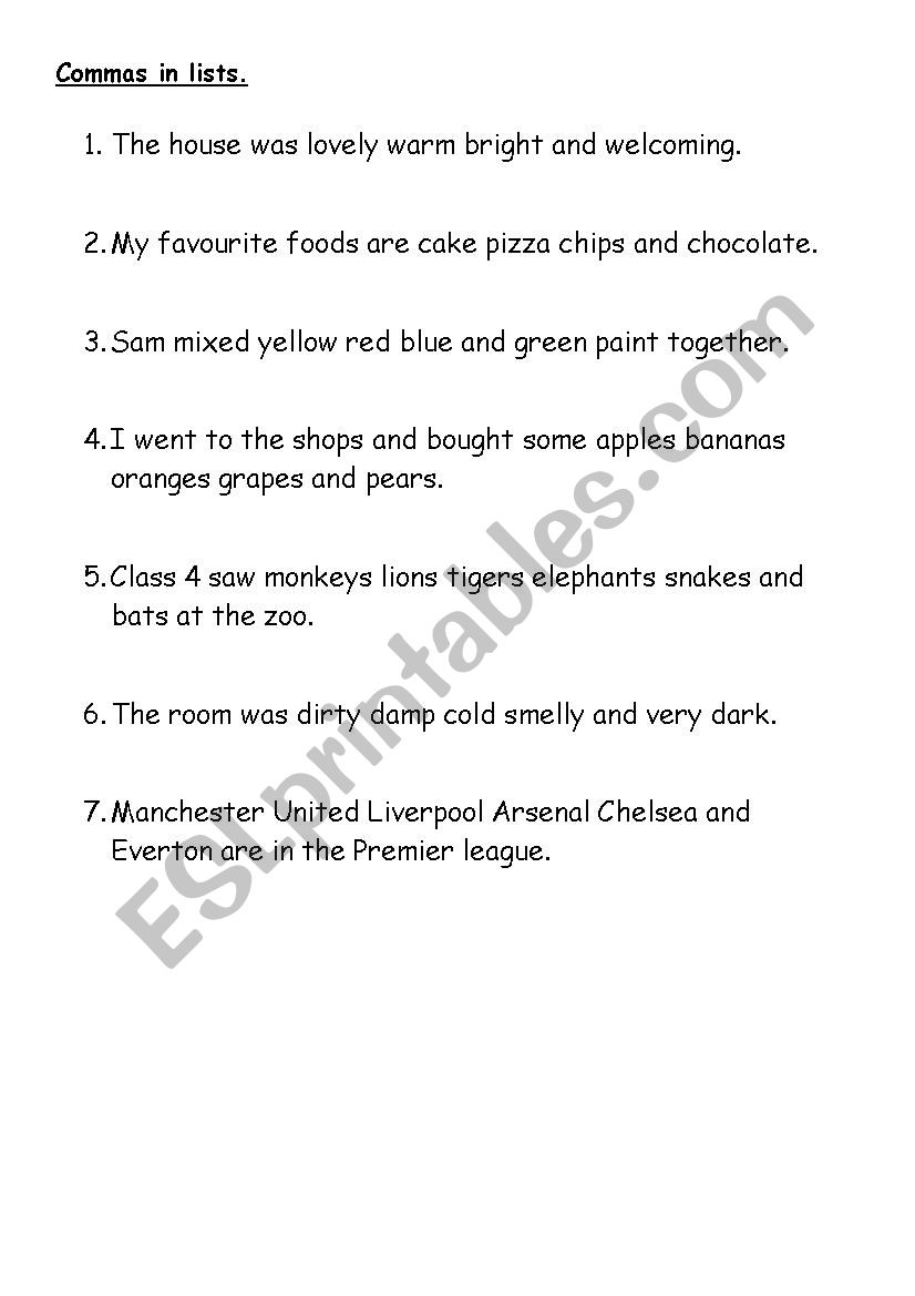 Using Commas In Lists ESL Worksheet By Mihirini74
