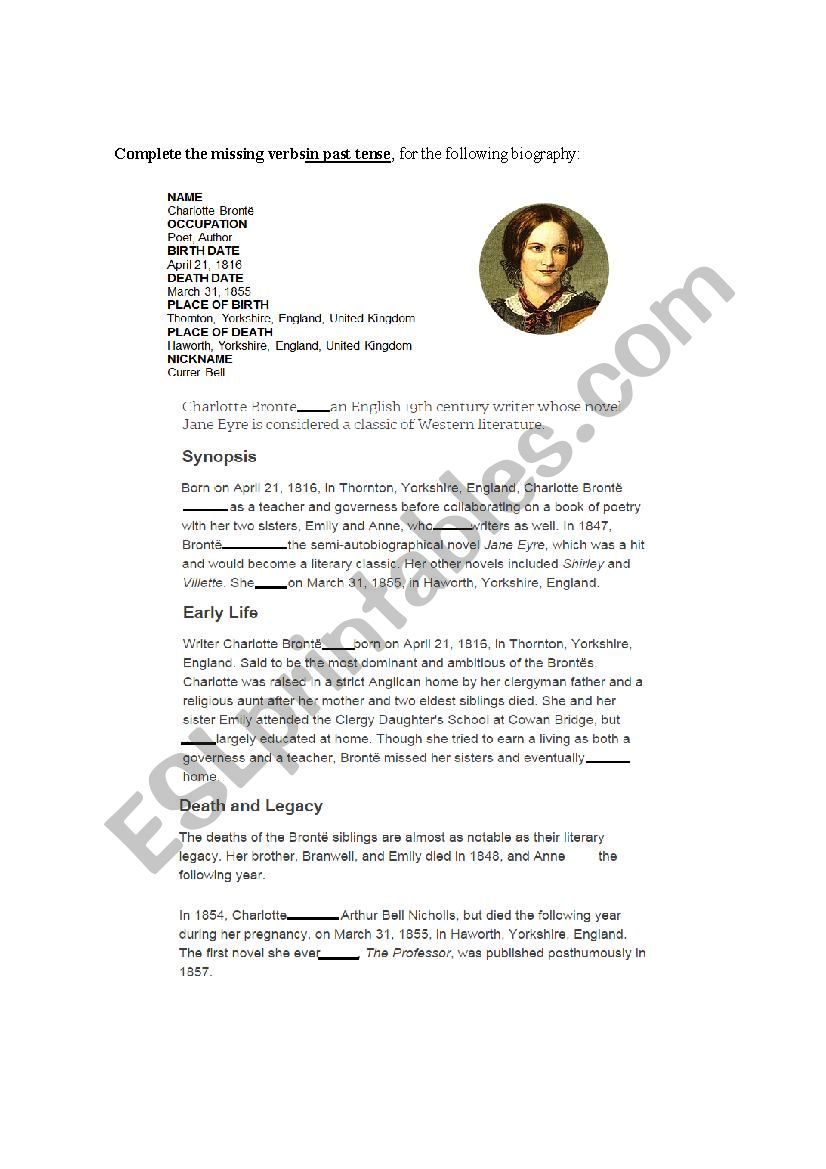 Charlotte Brönte biography in past simple tense. - ESL worksheet by ...