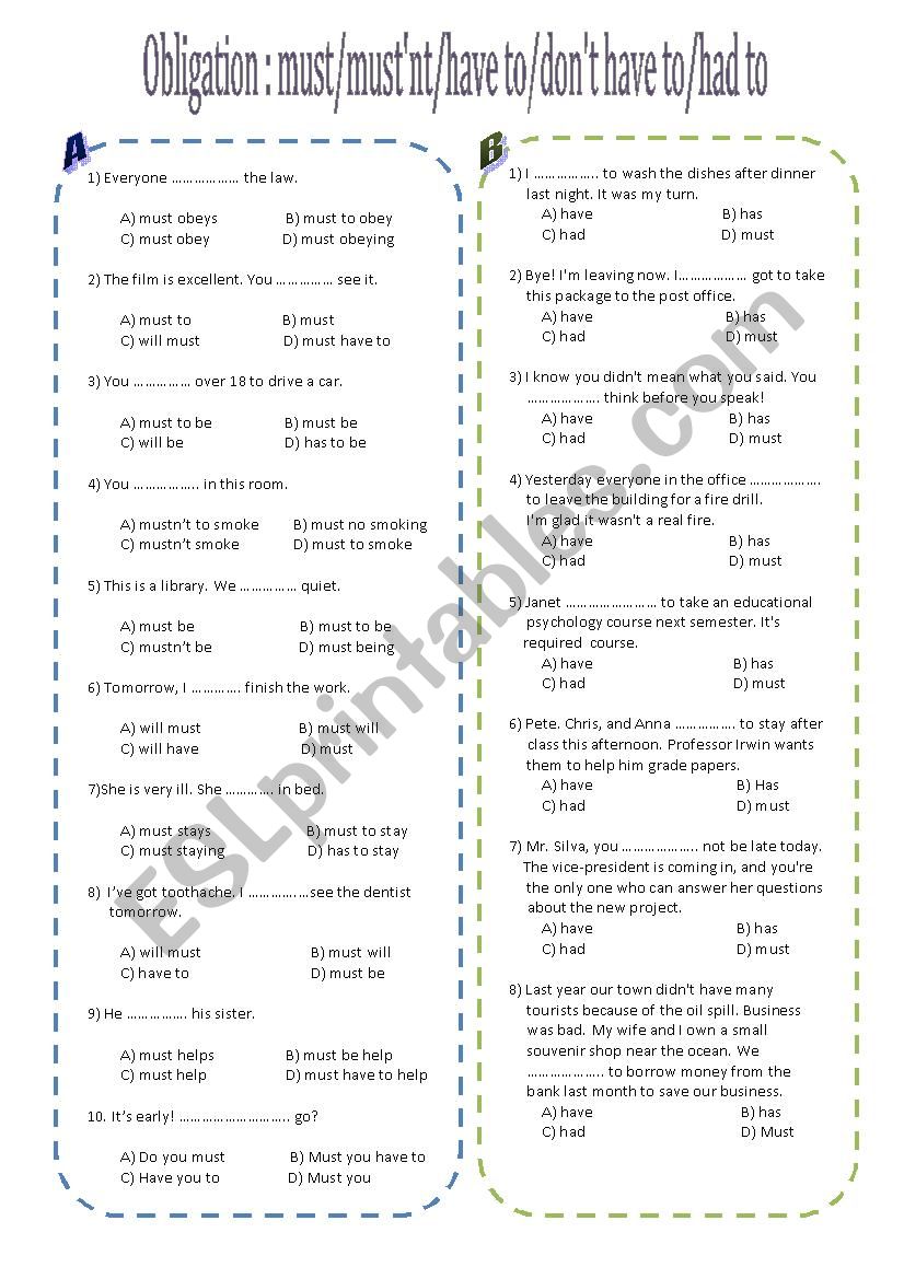 Obligation : must/mustn´t/ have to/don´t have to/had to - ESL worksheet ...