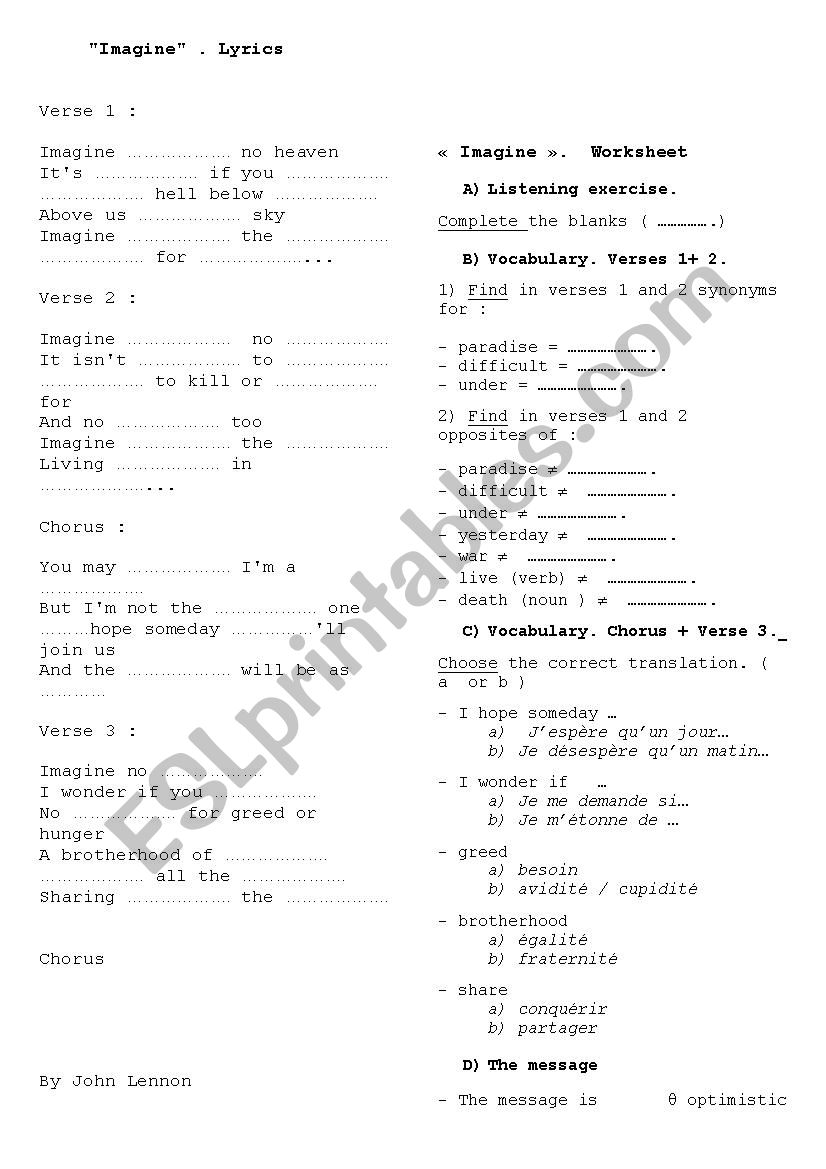 ´Imagine´ worksheet - ESL worksheet by Mrs B-L
