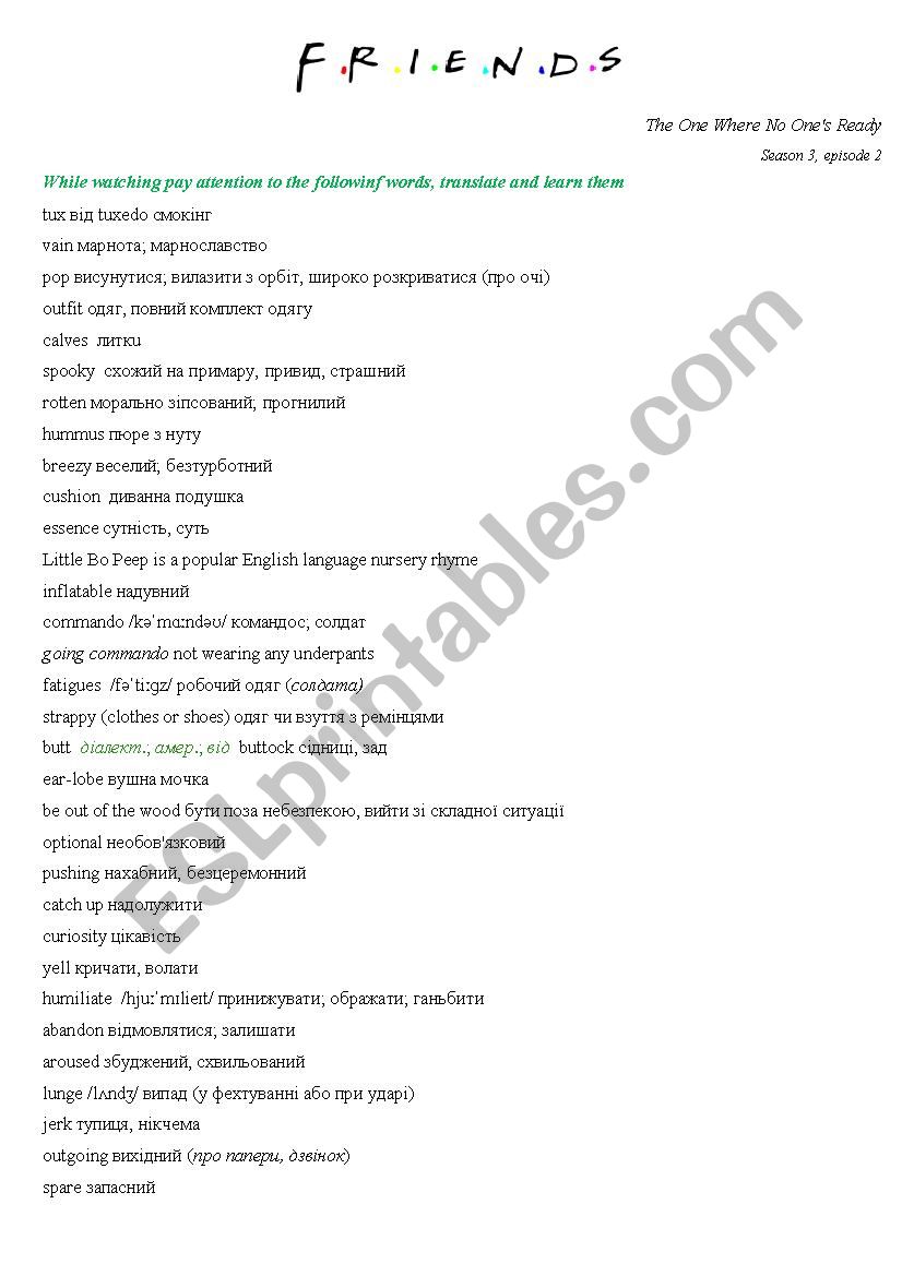 sitcom FRIENDS The One Where No-oneÂ´s Ready - ESL worksheet by Natalia ...
