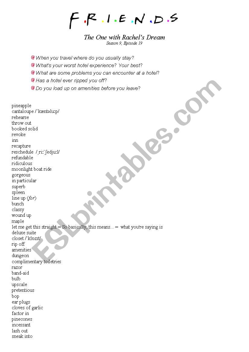 sitcom Friends The One with Rachel´s Dream - ESL worksheet by Natalia ...