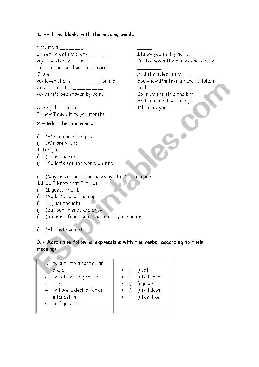 SONG - WE´RE YOUNG - ESL worksheet by lauradelc