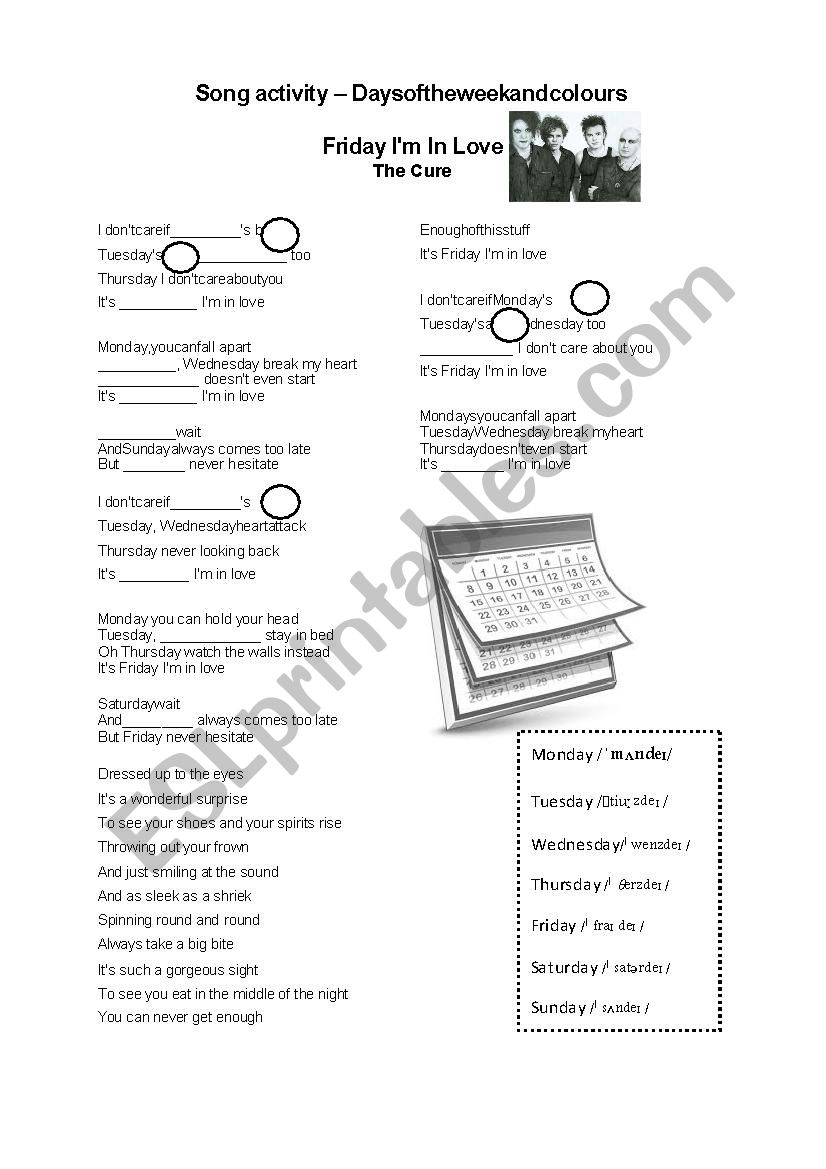 Song: Friday I´m in love - ESL worksheet by carlabal