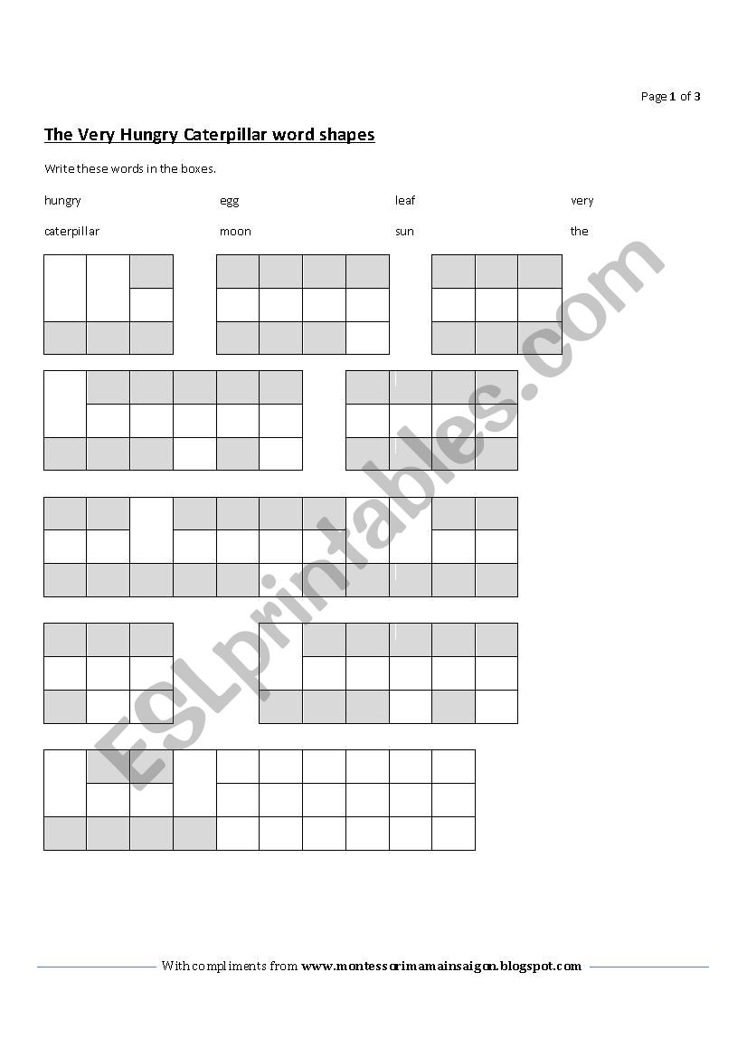 The Very Hungry Caterpillar word shapes worksheet - ESL worksheet by ...