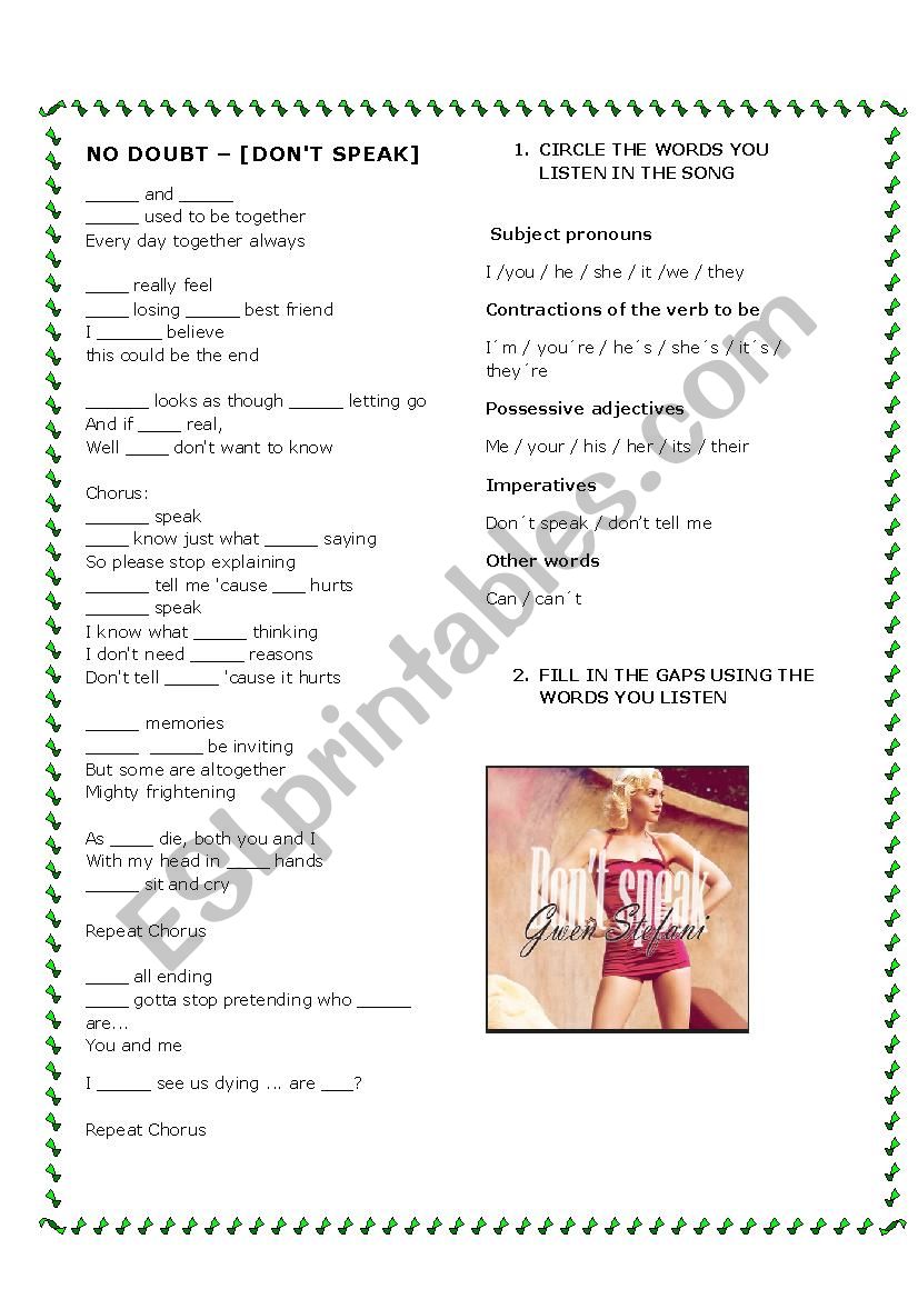 Don´t speak song - ESL worksheet by ERYKAH686 Don´t speak song - ESL worksheet by ERYKAH686