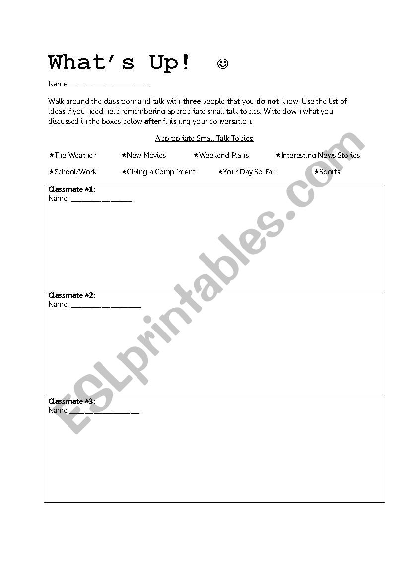 What´s Up! Small Talk Activity - ESL worksheet by caitlinbarrett