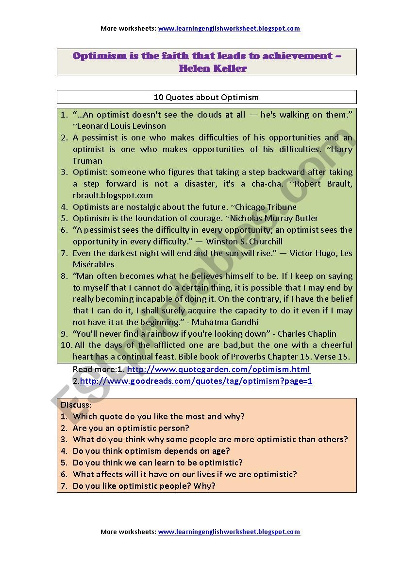 LET`S TALK - Optimism - ESL worksheet by anitaberry